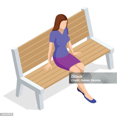 벤치에 앉아 휴식을 취하던 등도있는 젊은 여성 전면 보기입니다 흰색 배경에 격리 앉음에 대한 스톡 벡터 아트 및 기타 이미지 앉음 등측투영법 여자 Istock