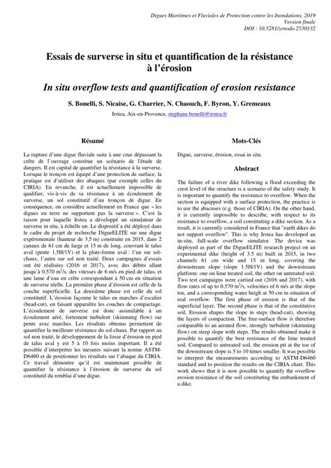 Pdf In Situ Overflow Tests And Quantification Of Erosion Resistance
