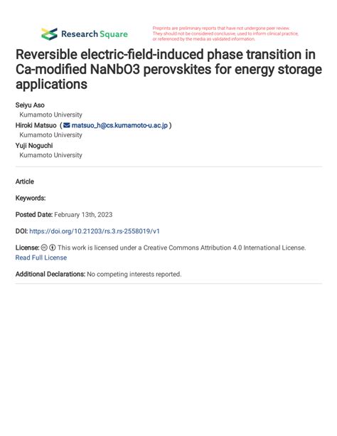 Pdf Reversible Electric Field Induced Phase Transition In Ca Modified Nanbo3 Perovskites For