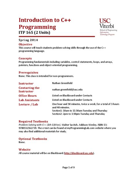 C Course Outline Introduction To C Programming Itp 165 2 Units Spring 2014 Objective