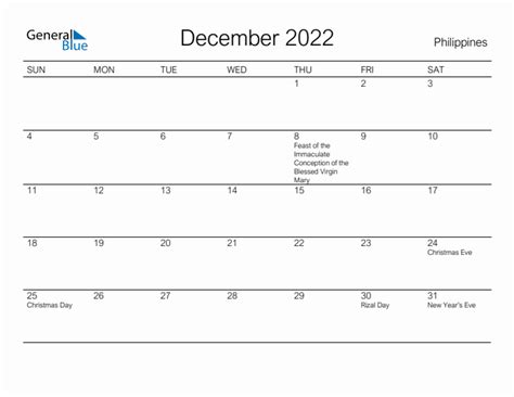 December 2022 Monthly Calendars With Philippines Holidays