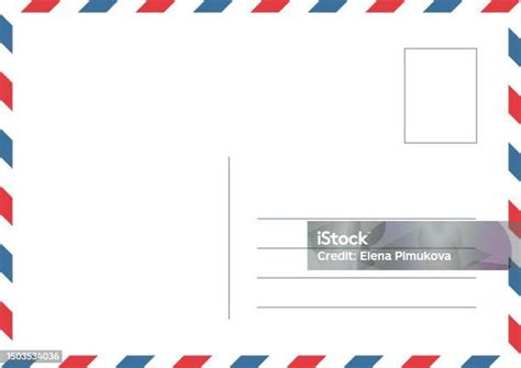 빈티지 항공 우편 엽서 뒷면 템플릿과 대각선 파란색과 빨간색 줄무늬 여행 엽서 빈 뒷면 우송료 장소가있는 항공 우편 봉투 프레임 흰색 배경에 고립된 벡터 일러스트 레이 션