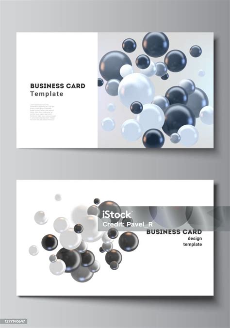 두 개의 창의적인 명함 디자인 템플릿 수평 템플릿 벡터 디자인의 벡터 레이아웃 여러 가지 빛깔의 3d 구 거품 공을 가진 현실적인 벡터 배경 0명에 대한 스톡 벡터 아트 및
