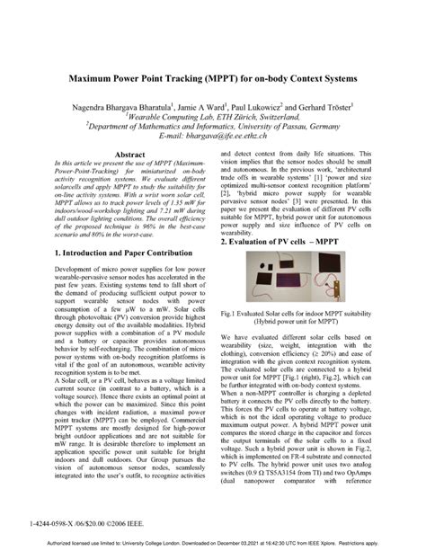 PDF Maximum Power Point Tracking MPPT For On Body Context Systems