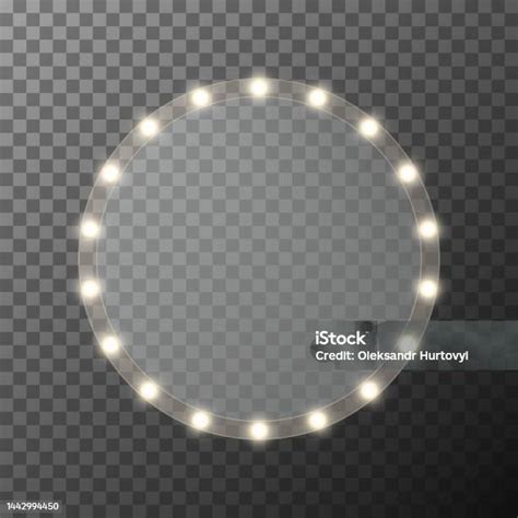 투명한 배경에 격리된 조명이 있는 둥근 화장 거울 복고풍 전구 빛나는 램프를 디자인하십시오 전구가 있는 투명한 현실적인 조명 유리 거울 프레임 갈란드 장식품에 대한 스톡