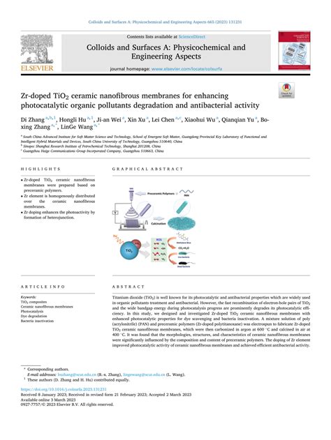 Pdf Zr Doped Tio2 Ceramic Nanofibrous Membranes For Enhancing Photocatalytic Organic