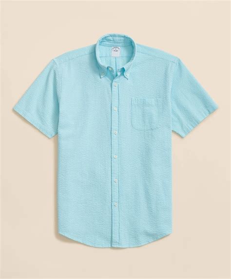 Stretch Cotton Seersucker Button Down Collar Short Sleeve Sport Shirt