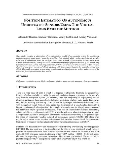 Position Estimation Of Autonomous Underwater Sensors Using The Virtual Long Baseline Method Pdf