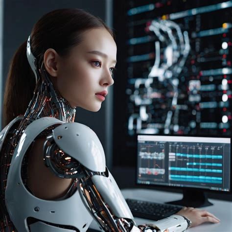 A Woman Sits At A Computer With A Robot On The Screen Premium Ai
