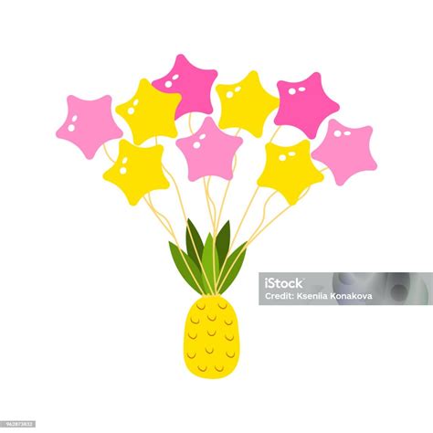 열 대 파인애플과 공 하늘에 날고 있다 감귤 류의 채식 음식입니다 여자에 대 한 귀여운 스티커 0명에 대한 스톡 벡터 아트 및 기타 이미지 Istock