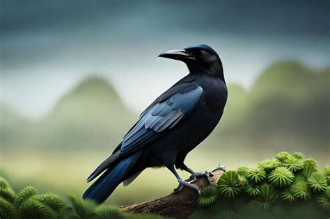 Premium Photo A Crow Sits On A Branch With A Background Of Green Trees