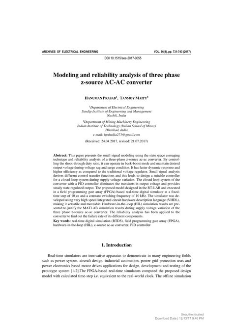 Pdf Modeling And Reliability Analysis Of Three Phase Z Source Ac Ac Converter