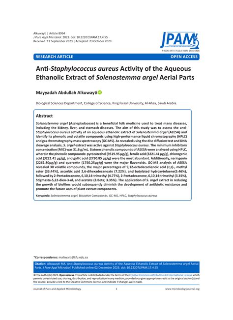 Pdf Anti Staphylococcus Aureus Activity Of The Aqueous Ethanolic Extract Of Solenostemma Argel