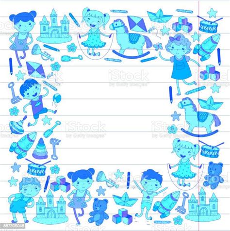 유치원 유치원 보육원 교육 어린이 낙서 패턴 아이 놀이 공부 하는 남자와 여자와 아이 드로잉 아이콘 공간 모험 탐험 상상력 개념 2 3 살에 대한 스톡 벡터 아트 및 기타