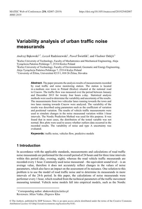 Pdf Variability Analysis Of Urban Traffic Noise Measurands