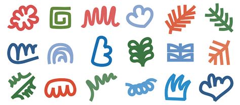 낙서 예술 벡터 그림 그래픽 배경 디자인을 위한 다양한 기하학적 모양 나뭇잎 모양 파형 곡선 물결 모양 및 독립적이고 재미있고 창의적인 장식 기호의 구성 0명에 대한 스톡