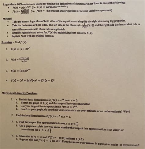Solved Logarithm Differentiation And Local Linearity