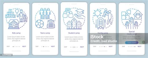 어린이 캠프 온보딩 모바일 앱 페이지 화면 벡터 템플릿입니다 어린이 및 가족 휴가 선형 일러스트레이션이 있는 웹 사이트 연습 단계입니다 Ux Ui Gui 스마트폰 인터페이스
