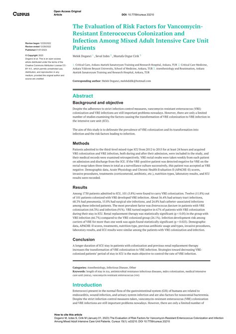 Pdf The Evaluation Of Risk Factors For Vancomycin Resistant Enterococcus Colonization And