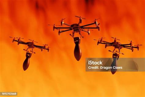 전장에서 공중 폭탄을 운반하는 무인 상업용 드론 전쟁에서 드론 떼를 무기로 사용하는 개념의 삽화 방위 산업에 대한 스톡 사진 및 기타 이미지 Istock