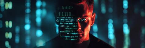 Man With Digital Binary Code Projected On His Face Against A Futuristic Background Hacker And