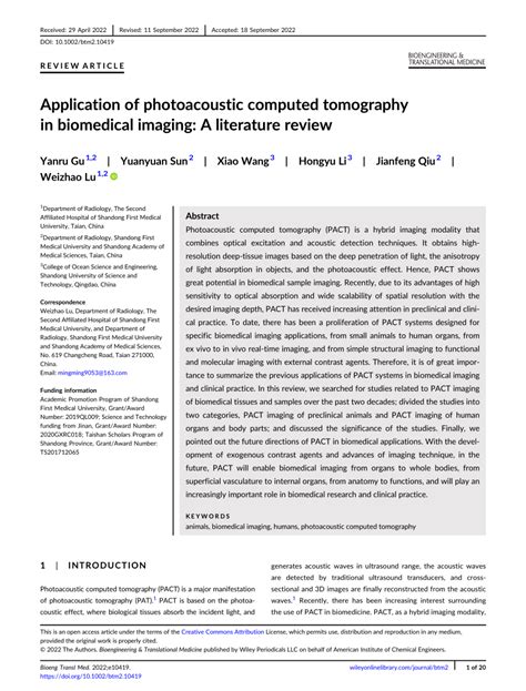 Pdf Application Of Photoacoustic Computed Tomography In Biomedical Imaging A Literature Review