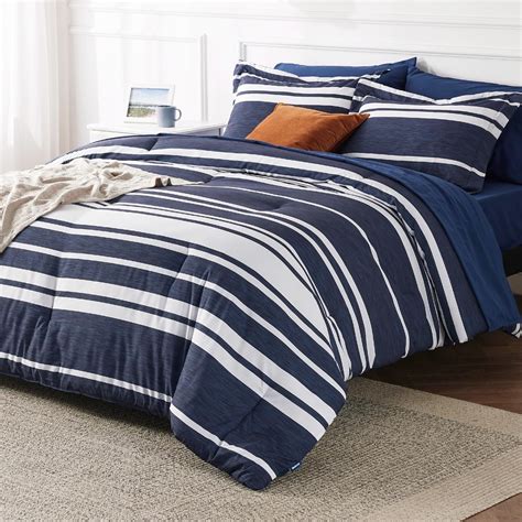 Bedsure Sheets Queen Size Bed Set 7 Pieces Navy And White Striped