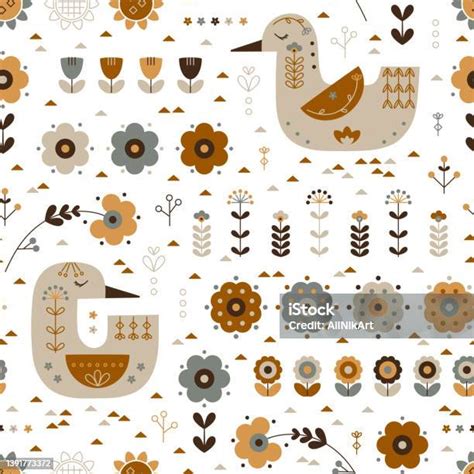스칸디나비아 거위와 오리와 꽃 장식 원활한 패턴 새와 꽃이있는 지구 톤 배경 북유럽 전통 귀여운 장식품 스칸디 스타일 민속 예술 디자인 벡터 일러스트레이션 0명에 대한 스톡