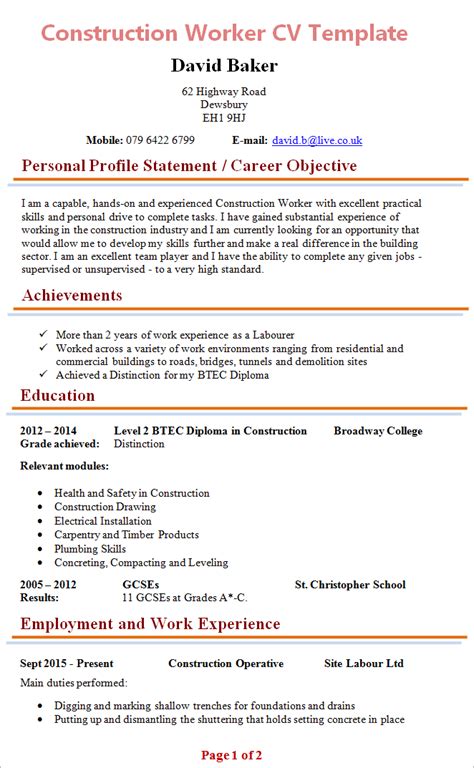 Construction Worker Cv Template Tips And Download Cv Plaza In 2025