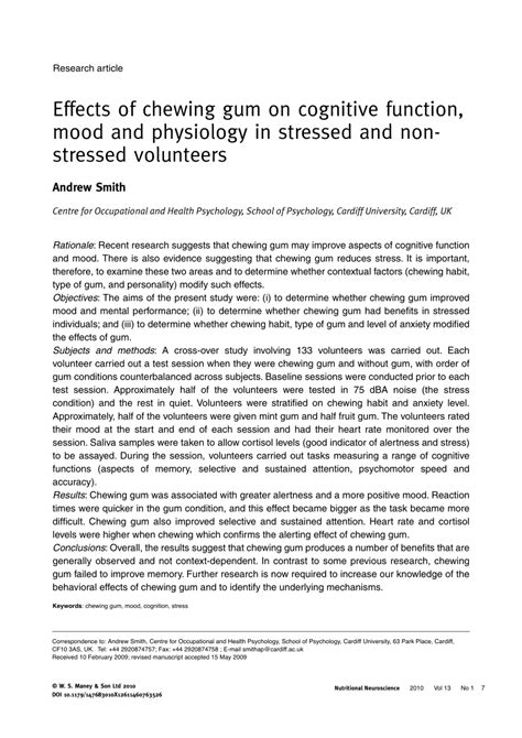 Pdf Effects Of Chewing Gum On Cognitive Function Mood And Physiology