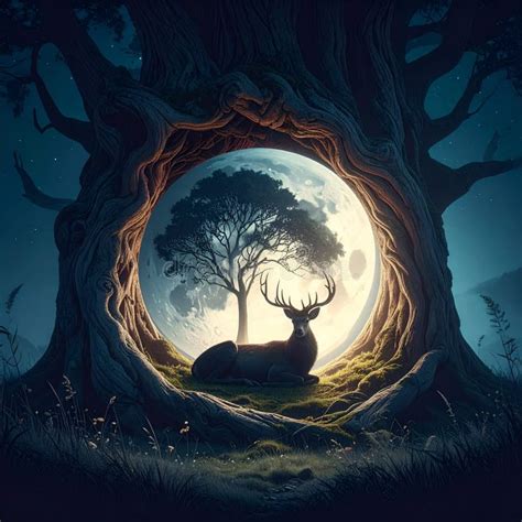Deer Under Tree In Moonlight Forest Stock Illustration Illustration