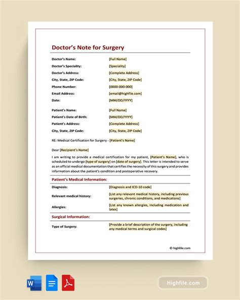 Doctors Note For Surgery Template