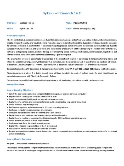 It Essentials 1 2 Syllabus Rev Spring 2018 Pdf Computer Network Operating System