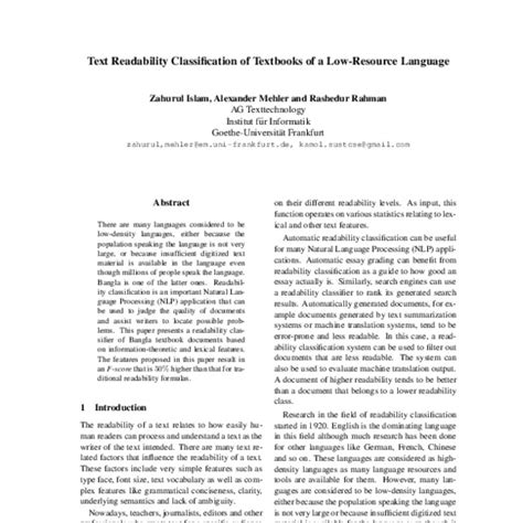 Text Readability Classification Of Textbooks Of A Low Resource Language Acl Anthology