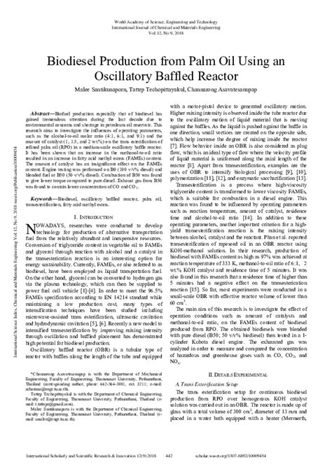 Pdf Biodiesel Production From Palm Oil Using An Oscillatory Baffled