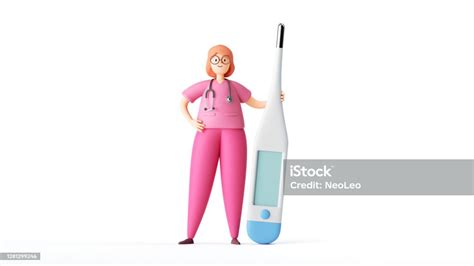 3d 렌더링 만화 캐릭터 여성 의사는 분홍색 유니폼 안경과 청진기를 착용합니다 흰색 배경에 고립 된 큰 온도계 의료 클립 아트 근처에 서 있습니다 복사 공간이 있는 빈 모형