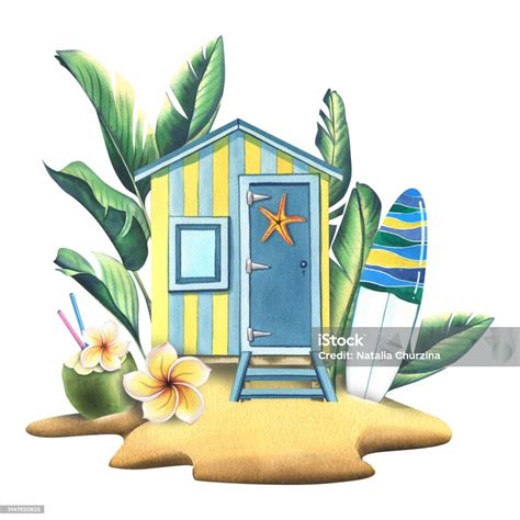 열대 나뭇잎 서핑보드 코코넛 칵테일 플루메리아 꽃 불가사리가 있는 섬에 위치한 목조 비치 하우스 수채화 그림입니다 Surfing