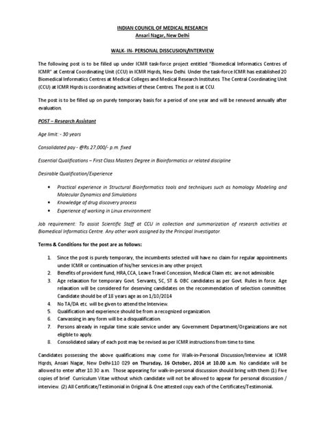 Icmr Research Assistant Bioinformatics Health Informatics