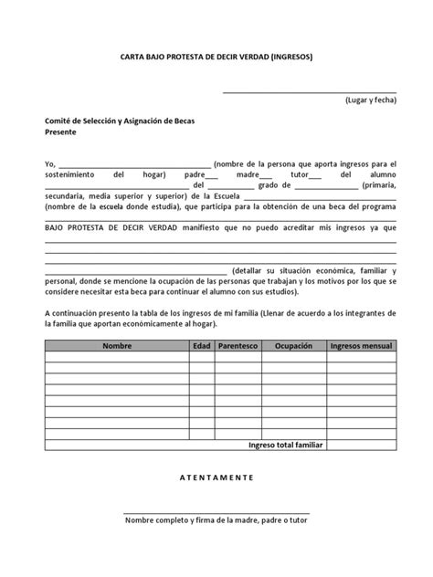 Carta Bajo Protesta De Decir Verdad Pdf