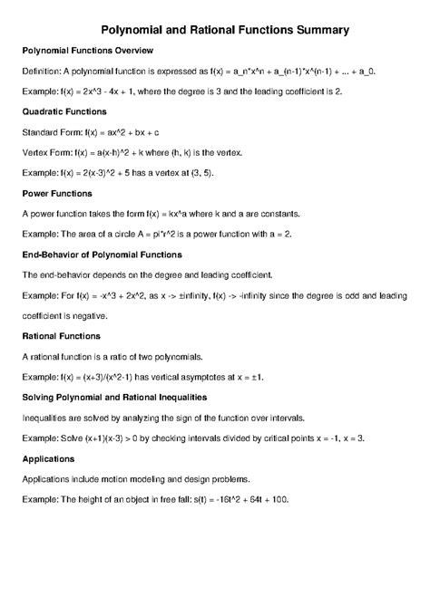 Polynomial And Rational Functions Summary Fixed Polynomial And Rational Functions Summary