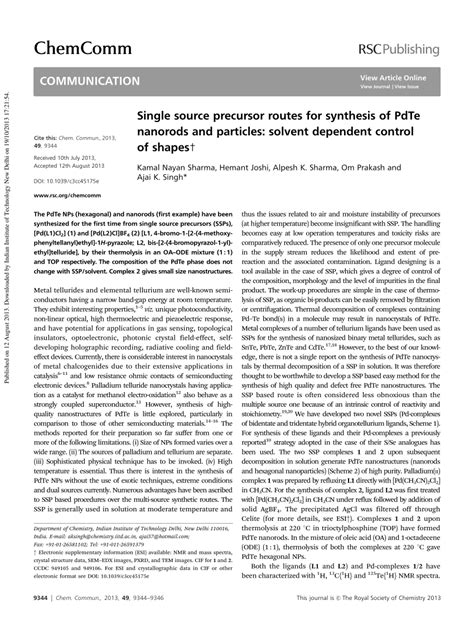 Pdf Single Source Precursor Routes For Synthesis Of Pdte Nanorods And Particles Solvent
