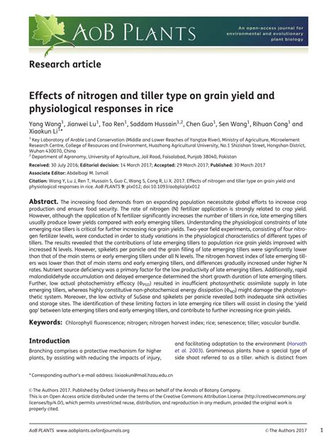 Pdf Effects Of Nitrogen And Tiller Type On Grain Yield And