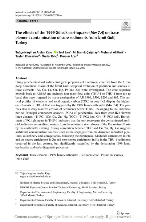 The Effects Of The 1999 Gölcük Earthquake Mw 7 4 On Trace Element