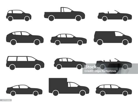 자동차 아이콘 블랙 차량 측면 뷰 실루엣 여행용 자동차 모델 자동차 세단 및 해치백 트럭 및 픽업 미니밴 및 카브리올레 운송 모양 웹 사인 벡터 세트 Brand Name