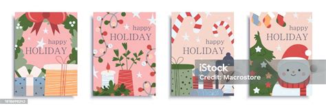 평면 디자인의 행복한 휴일 표지 브로셔 세트 축제 장식 화환 선물 조명 화환 랜턴 사탕 장난감이 있는 나무 산타클로스 모자를 쓴 눈사람이 있는 포스터 템플릿 벡터 일러스트