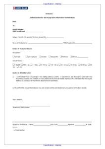 HDFC Bank Self Declaration Form For No Change In KYC Information Download In PDF