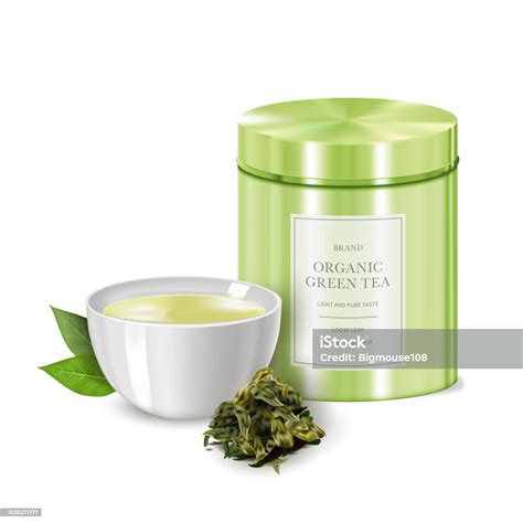 사실적인 상세한 3d 유기농 녹차 금속 주석과 컵 신선하고 건조한 찻잎 세트 벡터 금속에 대한 스톡 벡터 아트 및 기타 이미지