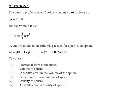 Solved The density ρ of a sphere of radius r and mass m is Chegg
