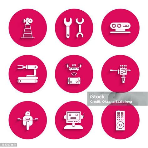원격 공중 드론 로봇 제어 기계식 로봇 손 및 드라이버 3d 스캐닝 시스템 및 안테나 아이콘을 설정합니다 벡터 가공의 인물에
