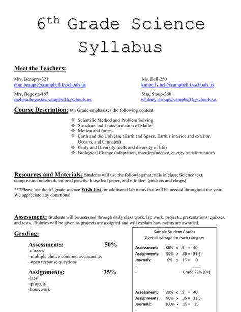 6th Grade Science Syllabus Course Outline And Expectations